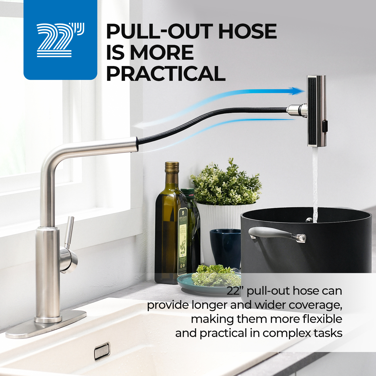 WEWE Waterfall Kitchen Faucet with Pull Down Sprayer, 3 Modes(Sweep ...