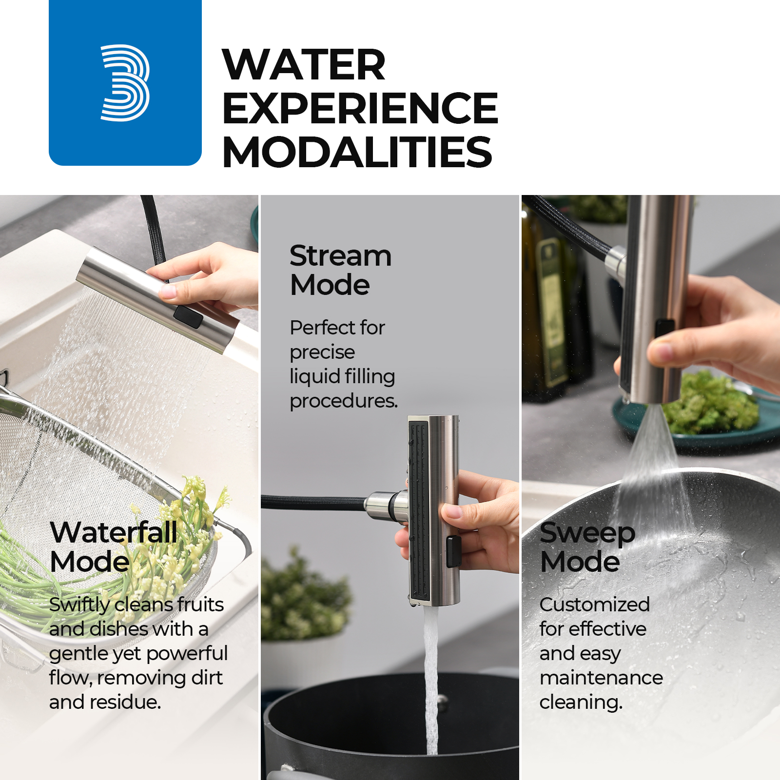 WEWE Waterfall Kitchen Faucet with Pull Down Sprayer, 3 Modes(Sweep ...