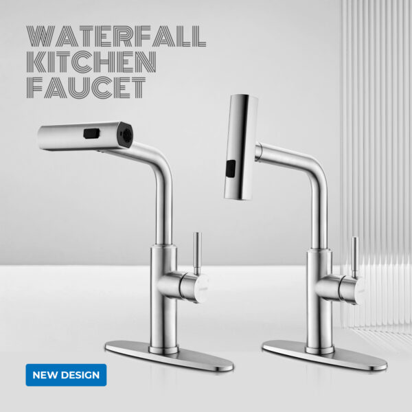 WEWE Waterfall Kitchen Faucet with Pull Down Sprayer, 3 Modes(Sweep ...